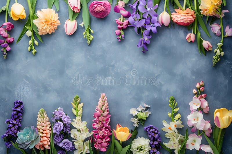 Diverse Array of Spring Flowers Creates a Vibrant Border Around a Blue ...