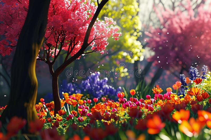 A Diverse Array of Vibrant Flowers and Budding Trees in a Verdant ...