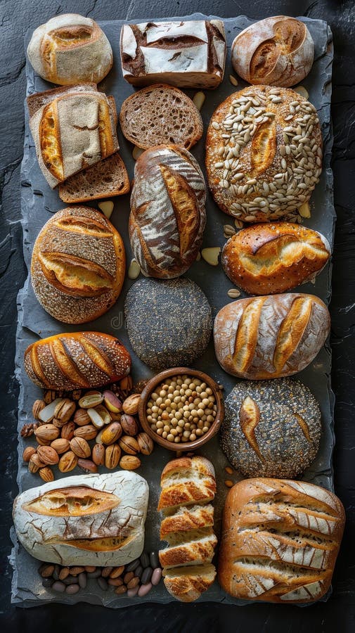 A Diverse Assortment of Artisanal Breads Displayed on a Stone Slab with ...