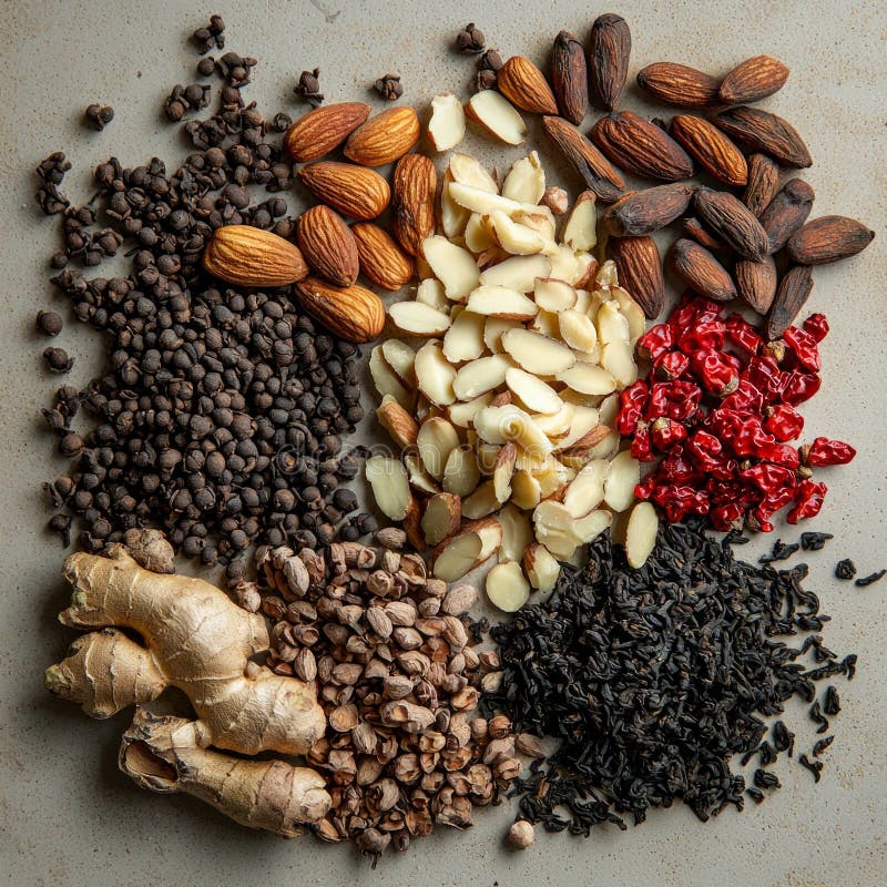 Assorted Nuts Spices Coffee Beans Ginger and Red Berries on Brown Surface Stock Image - Image of ...