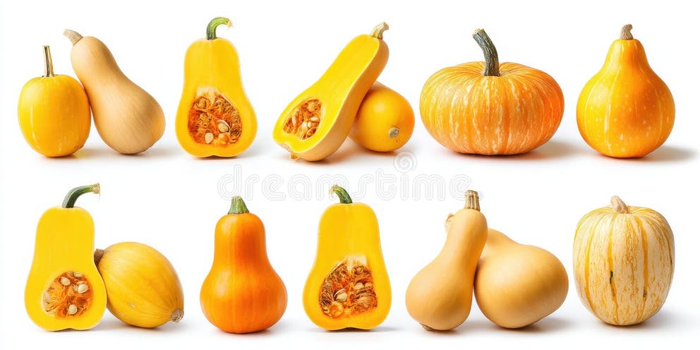 Diverse Assortment of Pumpkins and Squash Arranged on a Clean White ...