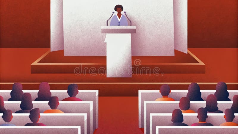 Diverse Audience Engaged in a Lecture Presentation on Red Stage Stock ...