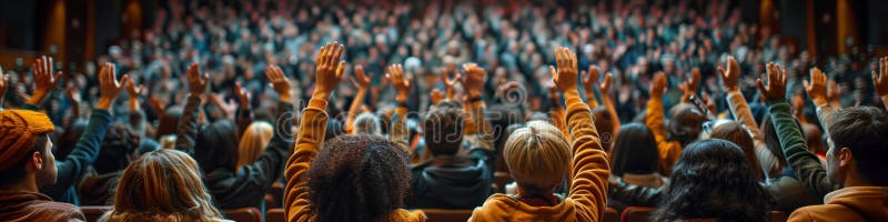 Crowd Raising Hands at a Public Event Inside a Large Auditorium Filled ...