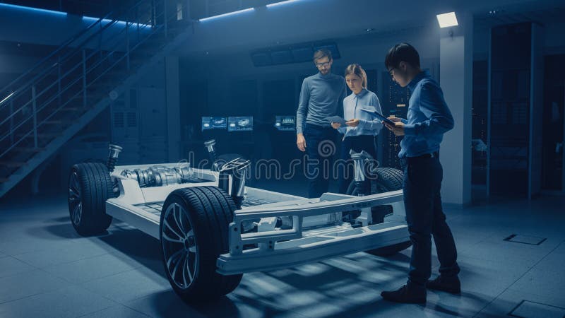Diverse Automobile Engineers Talking while Working on Electric Car ...