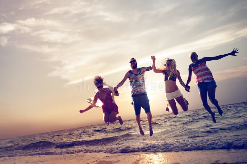 Diverse Beach Summer Friends Fun Jump Shot Concept Stock Image - Image ...