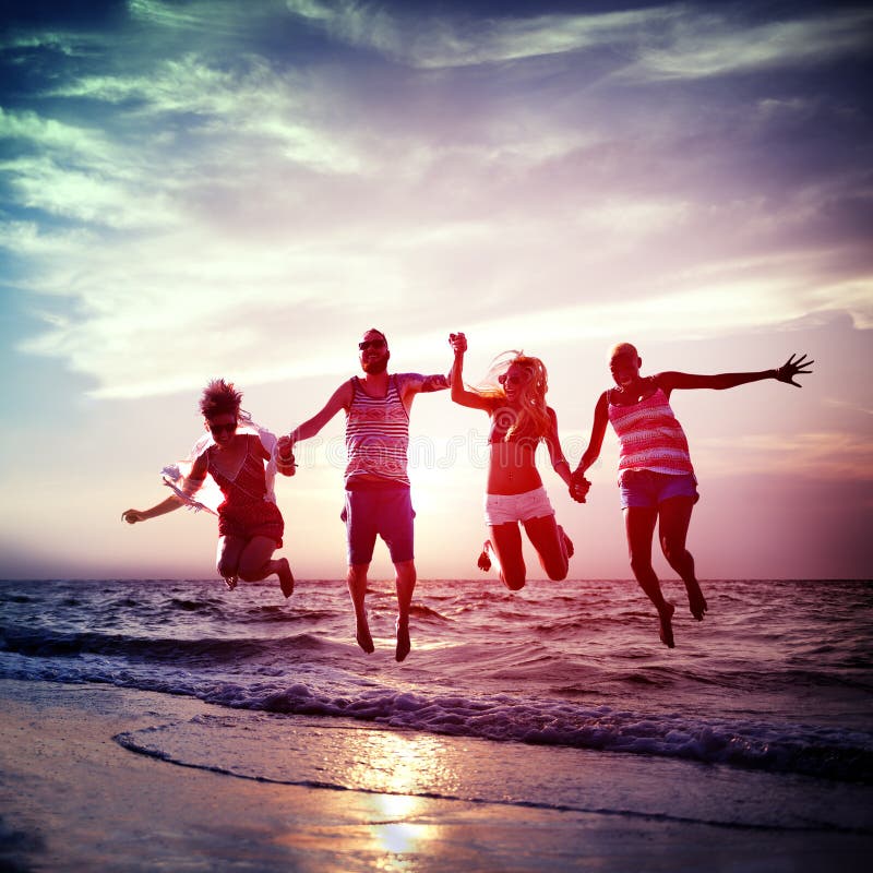 Diverse Beach Summer Friends Fun Jump Shot Concept Stock Photo - Image ...