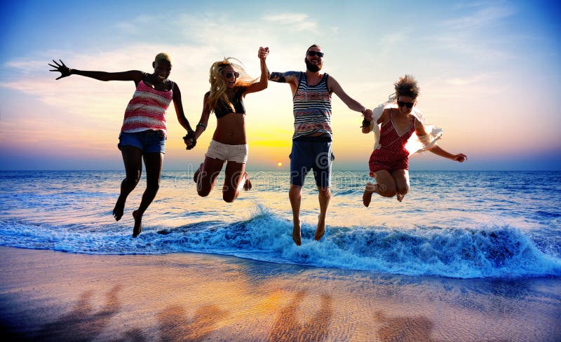 Diverse Beach Summer Friends Fun Jump Shot Concept Stock Image - Image ...