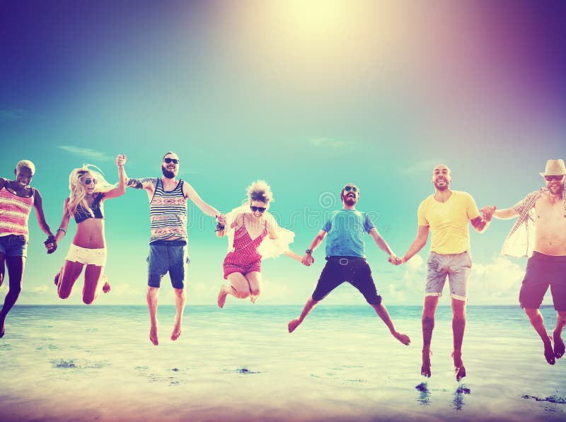 Diverse Beach Summer Friends Fun Jump Shot Concept Stock Photo - Image ...