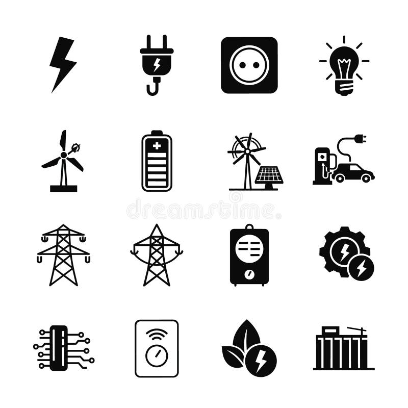 Diverse Black Energy Icons Representing Renewable and Traditional Power ...