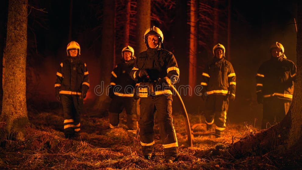 Diverse Brigade of Five Professional Firefighters Posing and Looking at ...