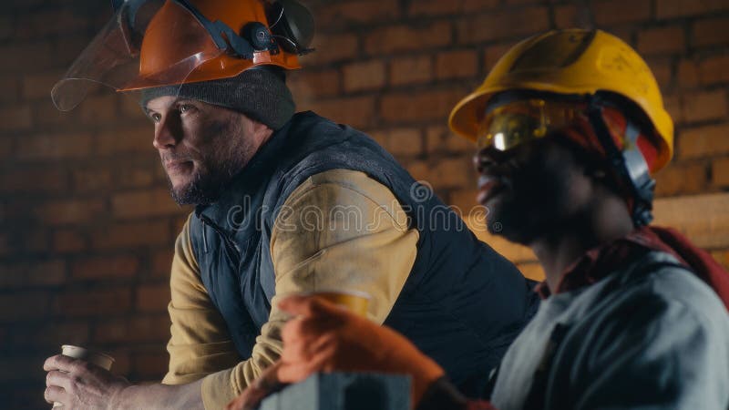 Diverse Builders Speaking during Lunch Break Stock Photo - Image of ...