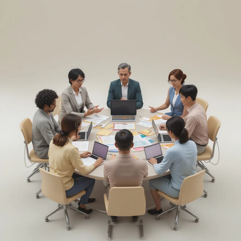 Diverse Business Team Collaborating Around Table with Laptops and ...