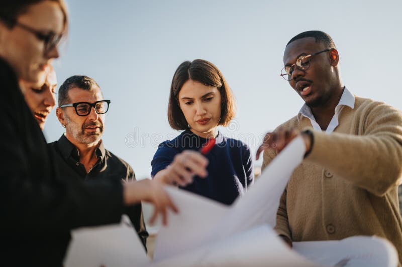 Diverse Business Team Collaborating High Tower Balcony Sunset Stock ...