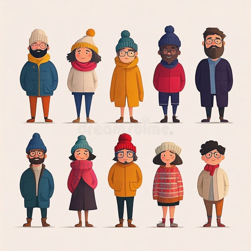 Diverse Characters in Winter Attire in a Flat Pixar-style Illustration ...