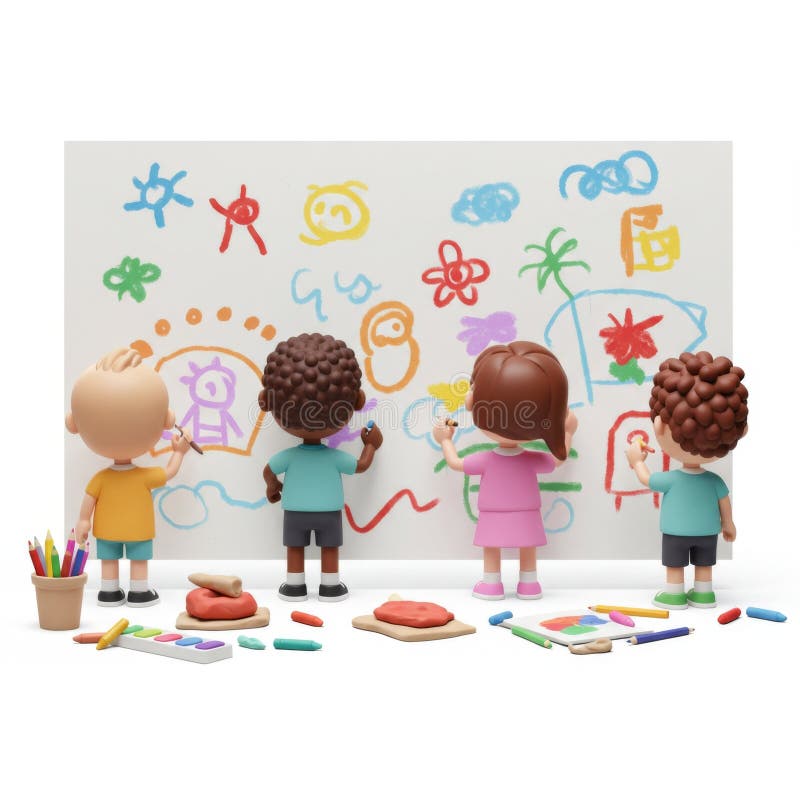 Diverse Children Collaboratively Drawing on a Large White Wall Stock ...