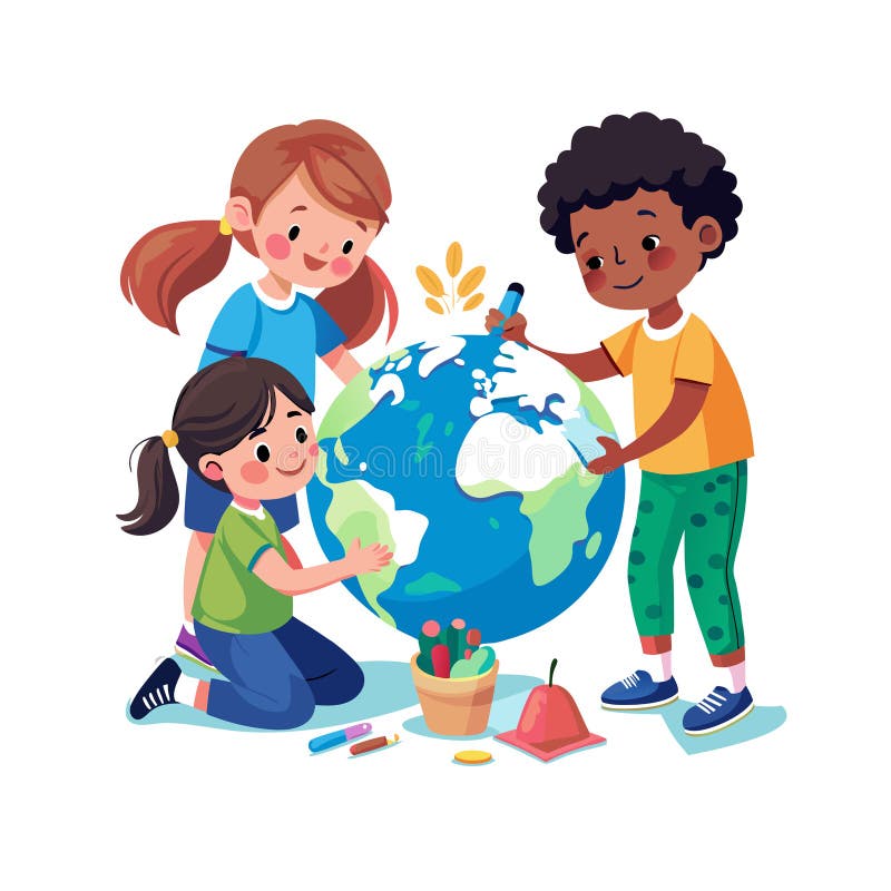 Diverse Children Drawing on Globe: Environmental Awareness and Global ...