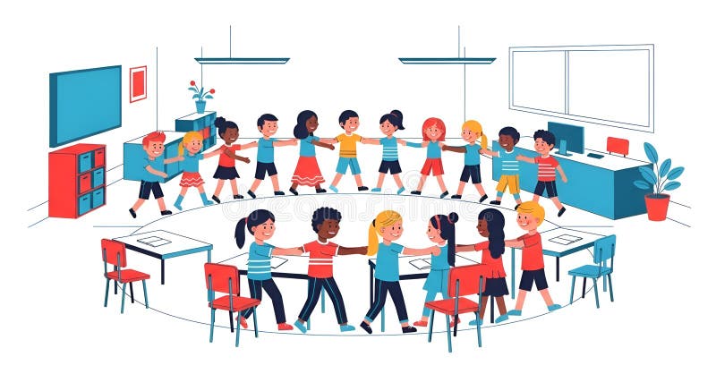 Diverse Children Forming Circle in Modern Classroom, Holding Hands in ...