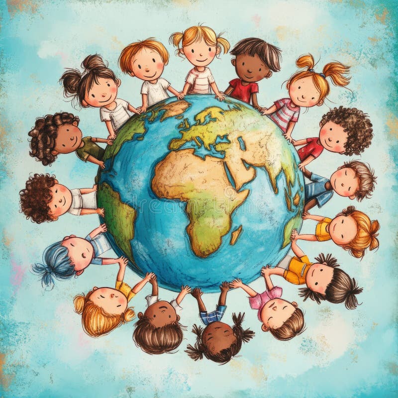 Diverse Children Holding Hands Around a Globe Stock Illustration ...