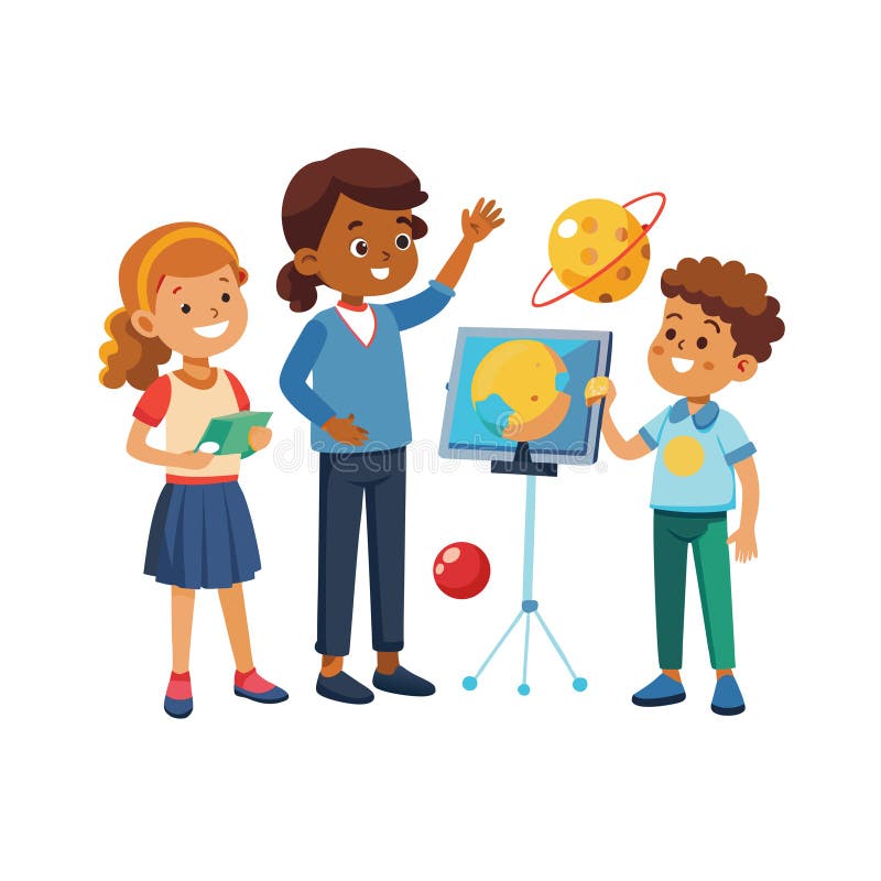 Diverse Children Learning about Space, Globe, and Planets in ...