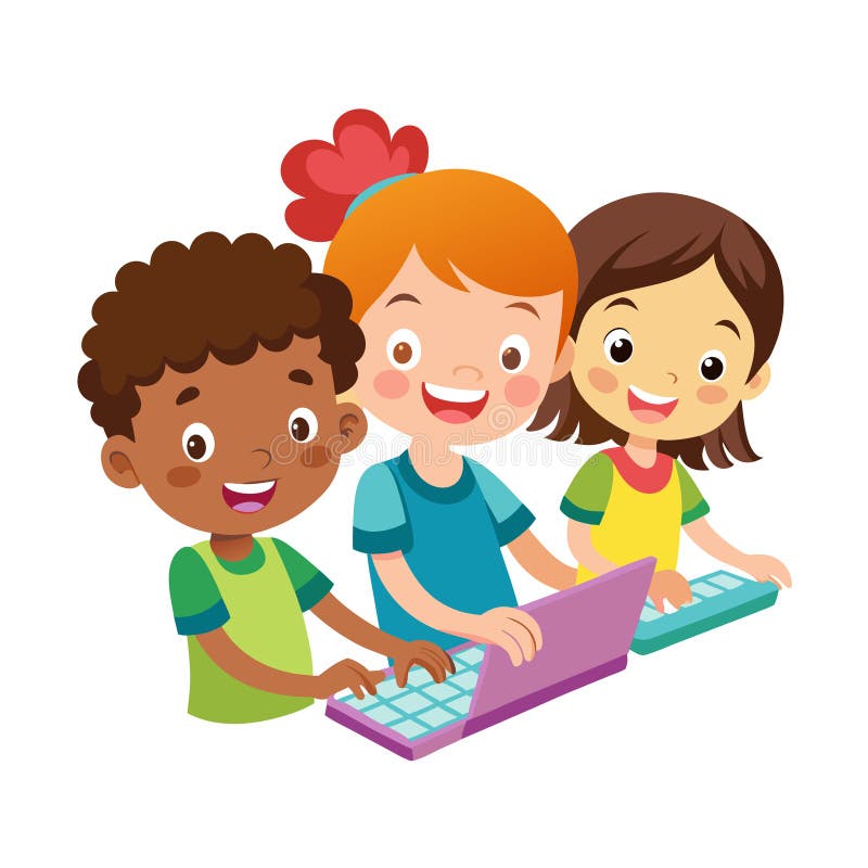Diverse Children Learning To Code on a Laptop, Teamwork and Collaboration Illustration Stock ...