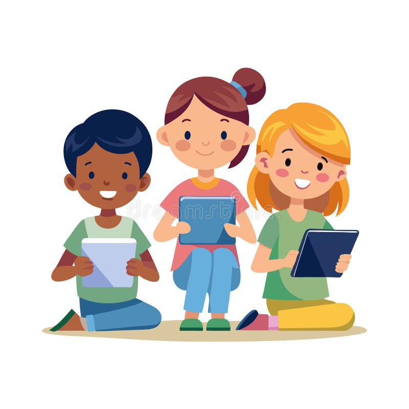 Diverse Children Learning Together Using Tablets in a Modern Education ...
