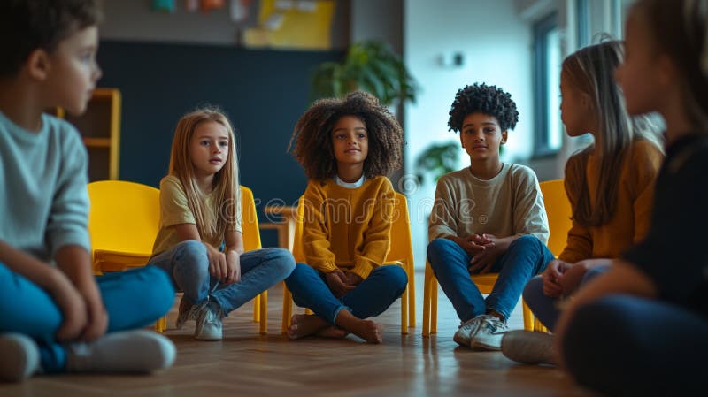 Diverse Children Sitting in Circle Classroom Learning Education Group ...
