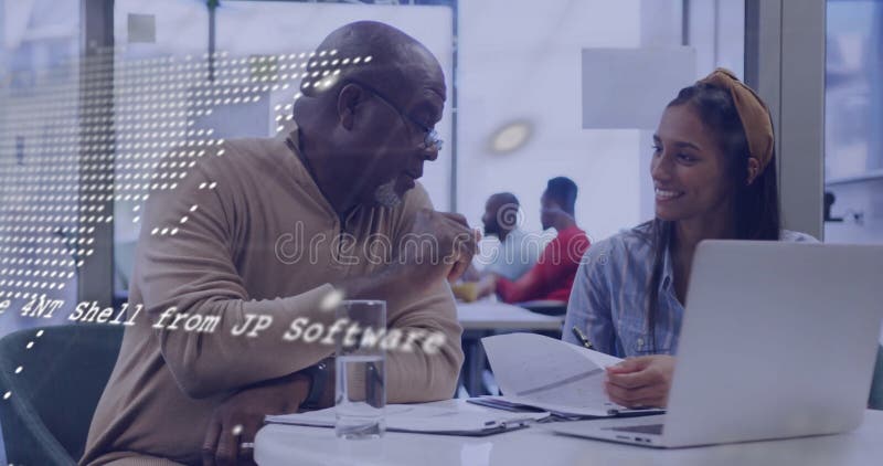 Diverse Colleagues Discussing Work at Table with Digital Data Animation ...