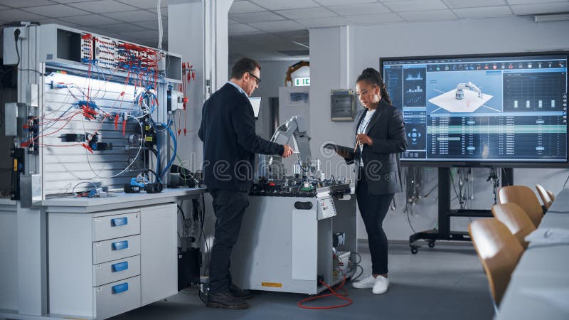 Diverse Colleagues Standing Near Table with Robot Arm and Discussing ...