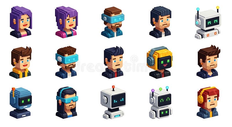 Isometric Pixel Art Character and Robot Avatar Set Stock Vector ...