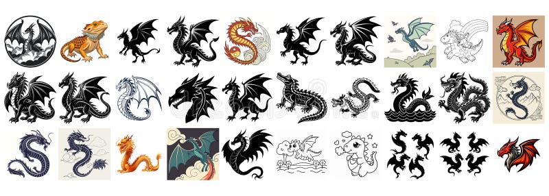 Collection of Dragon Illustrations Black White Red and Orange Stock ...