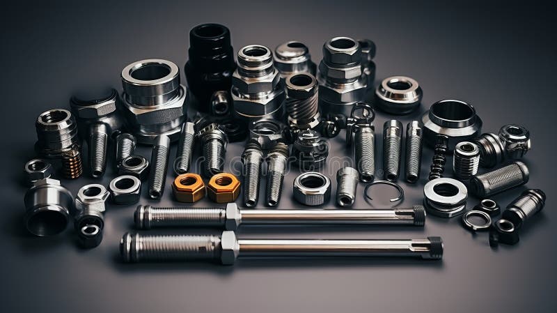 A Diverse Collection of Metallic Hardware Components Arranged on a Dark ...
