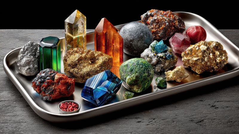 Diverse Collection of Rare Earth Elements and Minerals on Metallic Tray ...