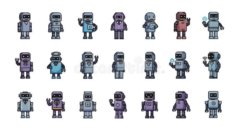 Pixel Art Robot Character Mascot Set Stock Vector - Illustration of ...