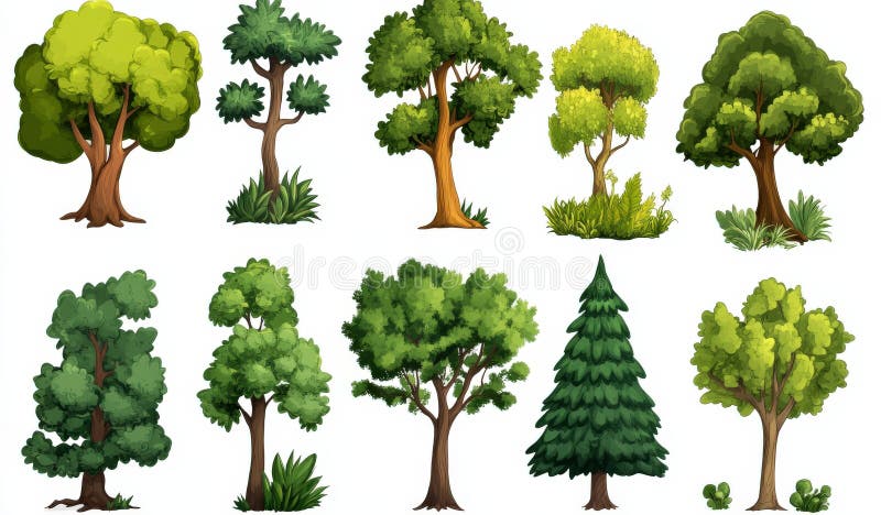 A Diverse Collection of Various Types of Trees Displayed on a White ...