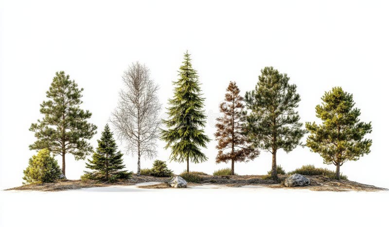 A Diverse Collection of Various Types of Trees Displayed on a White ...
