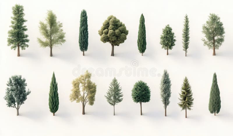 A Diverse Collection of Various Types of Trees Displayed on a White ...