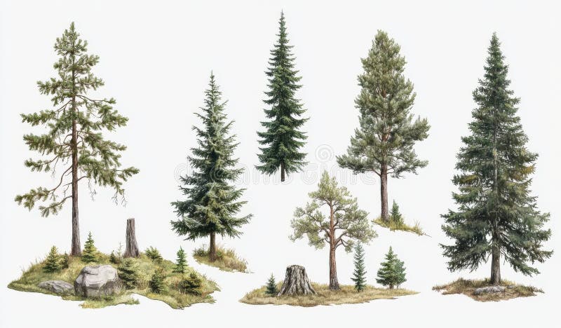 A Diverse Collection of Various Types of Trees Displayed on a White ...