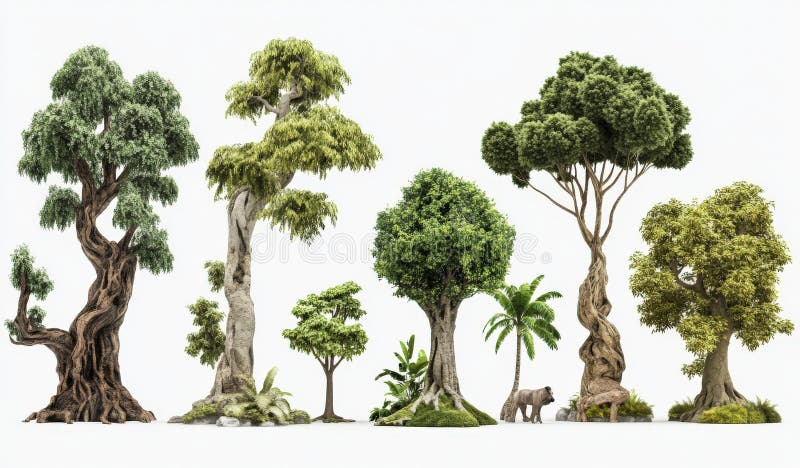 A Diverse Collection of Various Types of Trees Displayed on a White ...