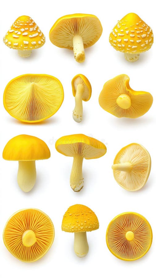 Diverse Collection of Yellow Mushrooms Displayed in Various ...