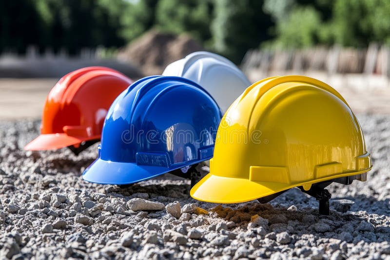 Diverse Colored Safety Helmets on Construction Site Highlight ...