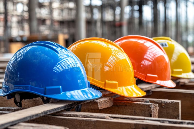 Diverse Colored Safety Helmets Highlighting Workplace Safety at a ...