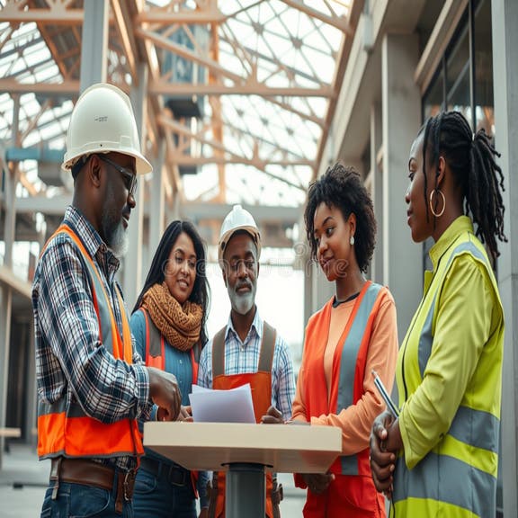Diverse Construction Team Collaborating on Building Development Plans ...