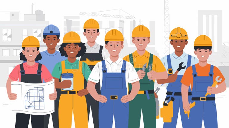 Diverse Construction Team with Hard Hats in Urban Setting Stock Vector ...