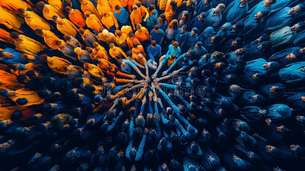 Diverse Crowd Joined Hands in a Circle, Unity and Cooperation, Possibly ...