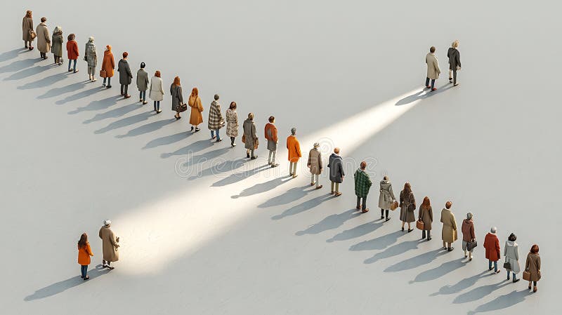 Diverse Crowd of People in a Line with a Single Spotlight Highlighting ...