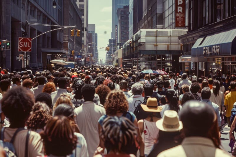 Diverse Crowd of People Walking Down a Bustling City Street Lined with ... Diverse Crowd of People Walking Down a Bustling City Street Lined with ...