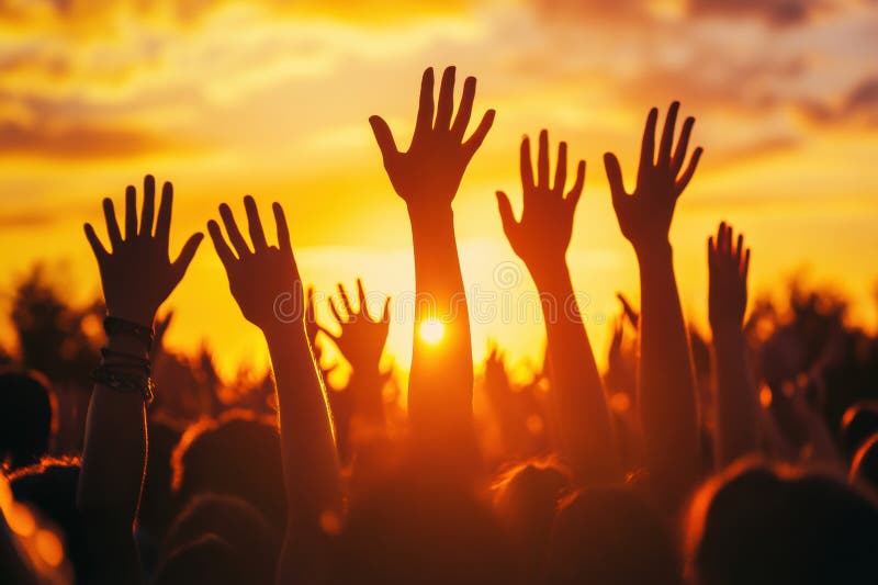 Diverse Crowd Raising Hands in Unity during Sunset, a Powerful Symbol ...