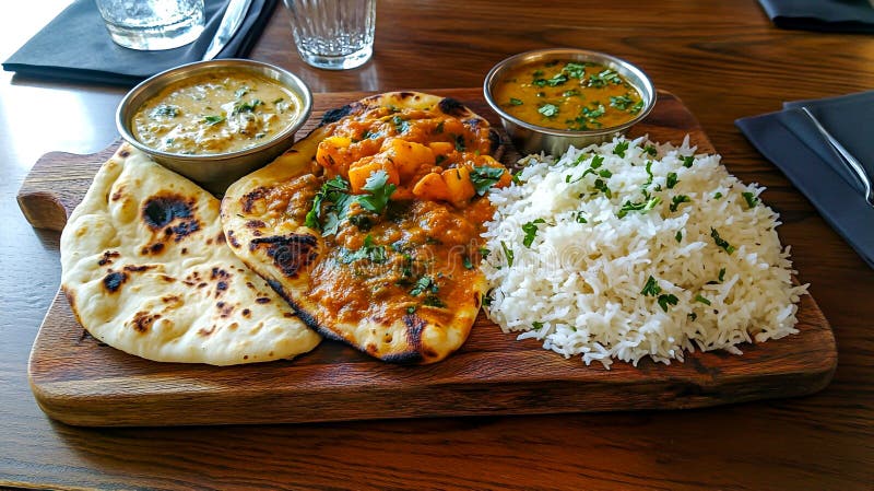 Diverse Cuisine Platter Featuring Curry, Naan, and Rice Stock ...