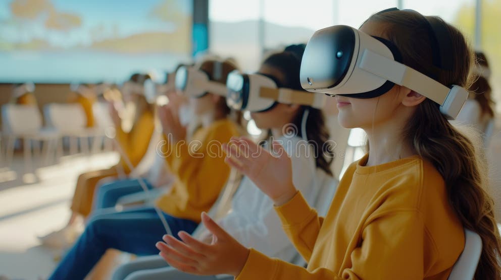 Cute Student Using Visual Reality Goggles while Learning about ...