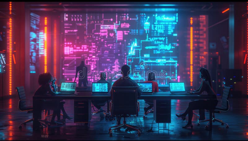 Diverse Cybersecurity Team Working in High-Tech Control Room with Large ...